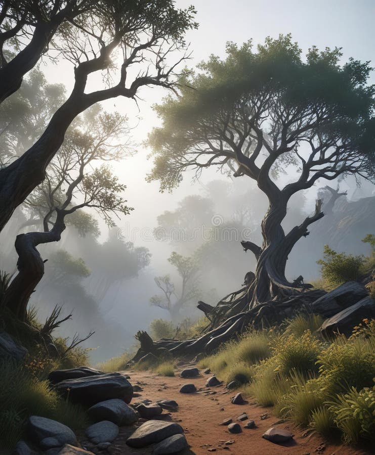 Twilight Wilderness: Misty Dawn on Rugged Terrain -Generative AI Stock ...