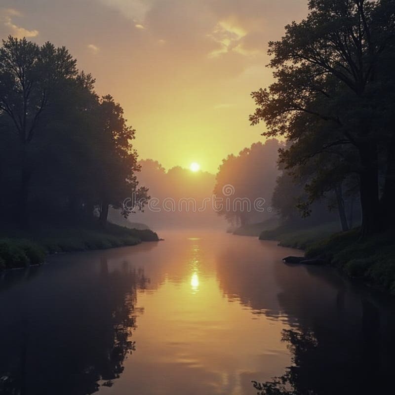 Misty Dawn Scene at River with Sun Rising Behind Trees, Serene ...