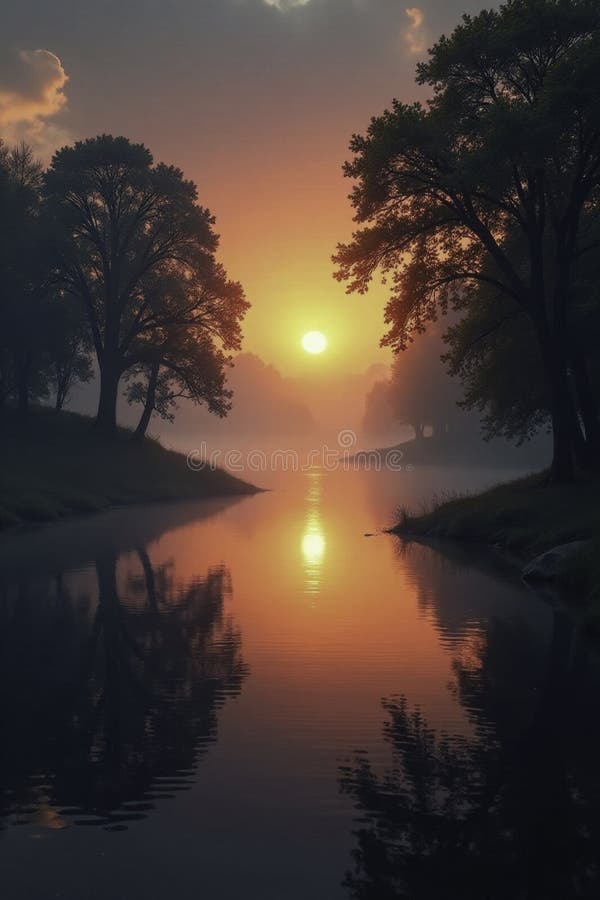 Misty Dawn Scene at River with Sun Rising Behind Trees, Trees, Sunrise ...