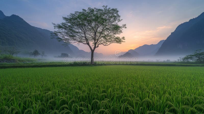 In the Misty Dawn, a Solitary Tree Overlooks a Rice Paddy Field and ...