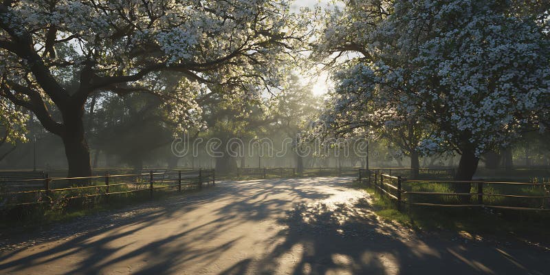 Misty Dawn Sunlit Path through Blossoming Trees Spring Landscape ...