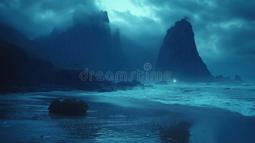 Misty, Dramatic Beach Scene at Twilight, with Dramatic Coastal Cliffs ...