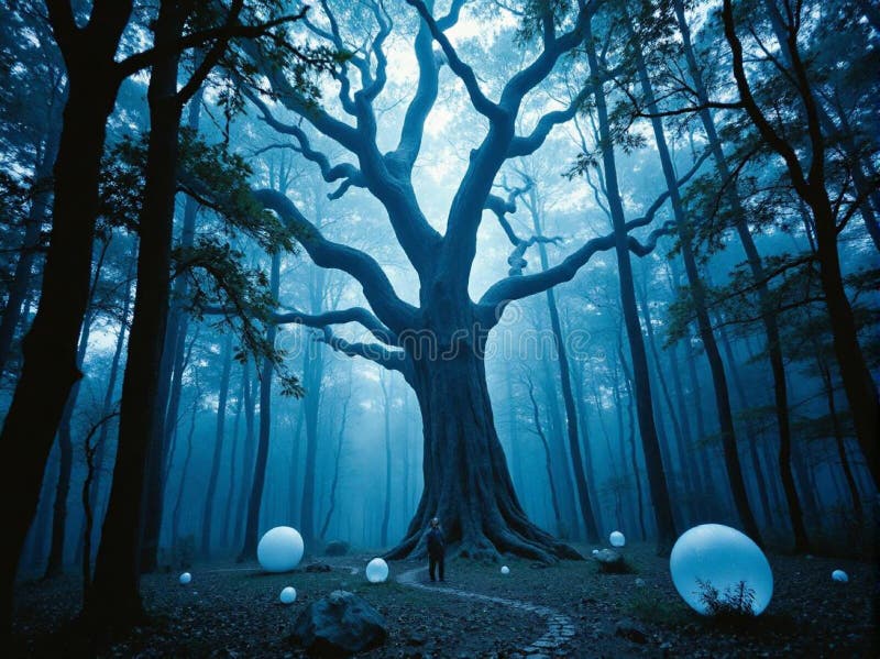 Misty, Creepy Forest with a Giant Tree, Mysterious Man, Path, and ...