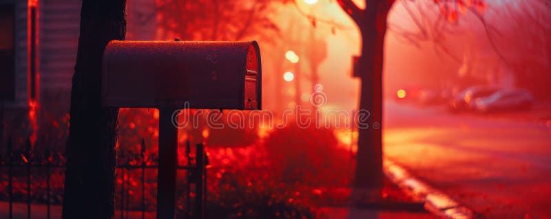Misty Evening with a Glowing Red Street Scene Stock Photo - Image of ...