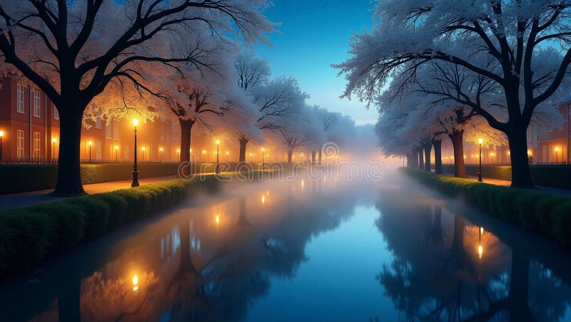 Misty Evening Stroll Along the Riverbank with Lanterns Stock ...