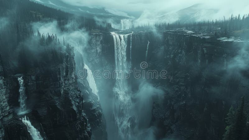 A Misty, Expansive Waterfall in a Rugged Landscape. Stock Photo - Image ...