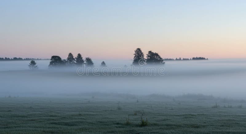 Misty Field Landscape at Sunrise Stock Illustration - Illustration of ...