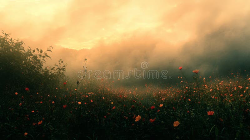 Misty Field of Red and Orange Flowers at Sunset Stock Illustration - Illustration of atmospheric ...