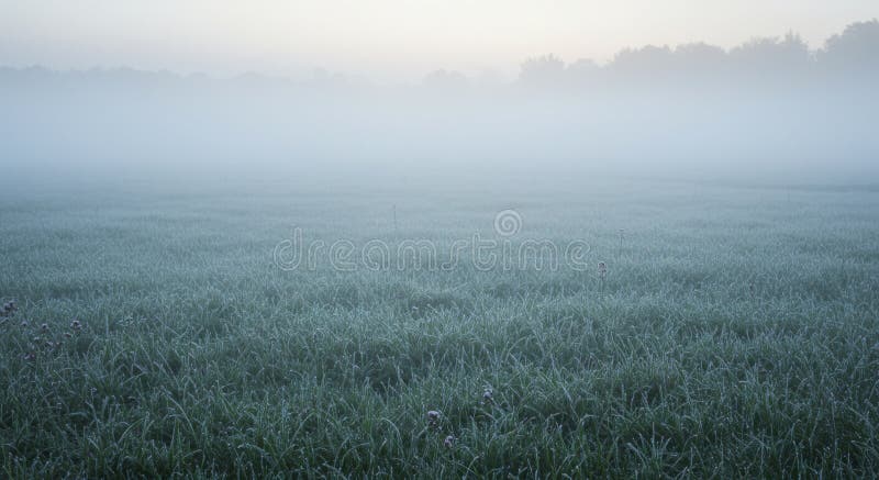 Misty Field at Sunrise stock illustration. Illustration of peaceful - 382126042