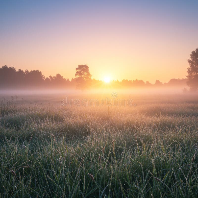 Misty Field Sunrise Landscape Stock Illustration - Illustration of ...