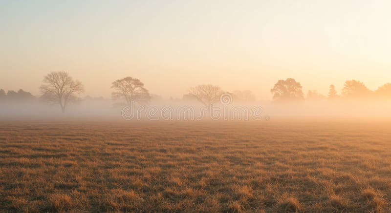 Misty Field Sunrise Landscape with Golden Light Stock Illustration ...