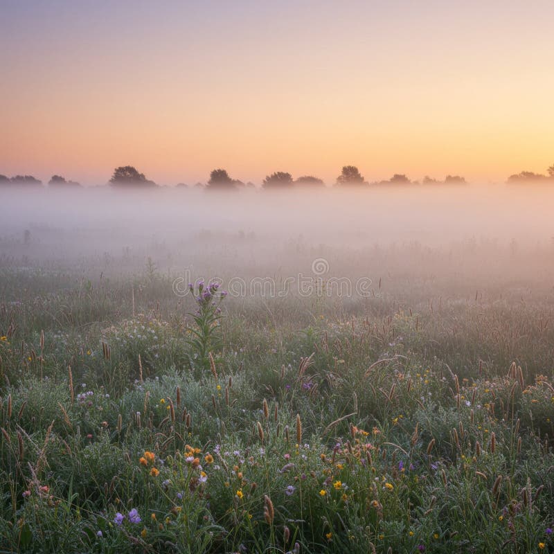 Misty Field Sunrise with Pastel Colors Stock Illustration ...