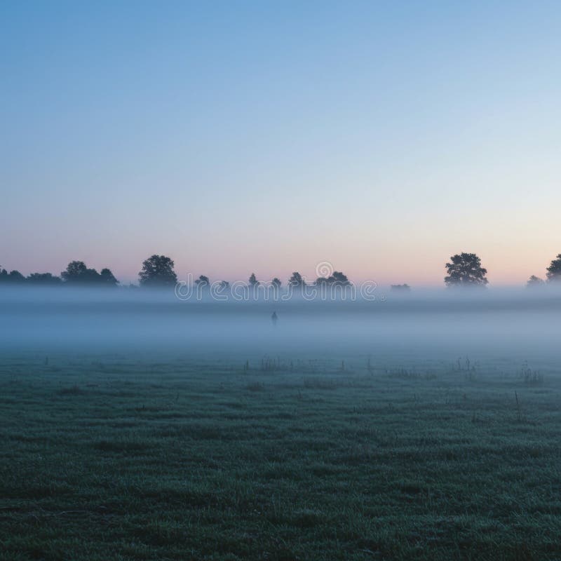 Misty Field at Sunrise with Silhouetted Trees Stock Illustration ...
