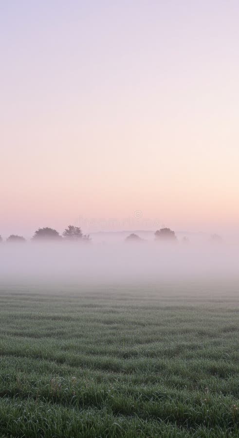 Misty Field at Sunrise Soft Pink and Purple Sky Stock Illustration - Illustration of field, dusk ...