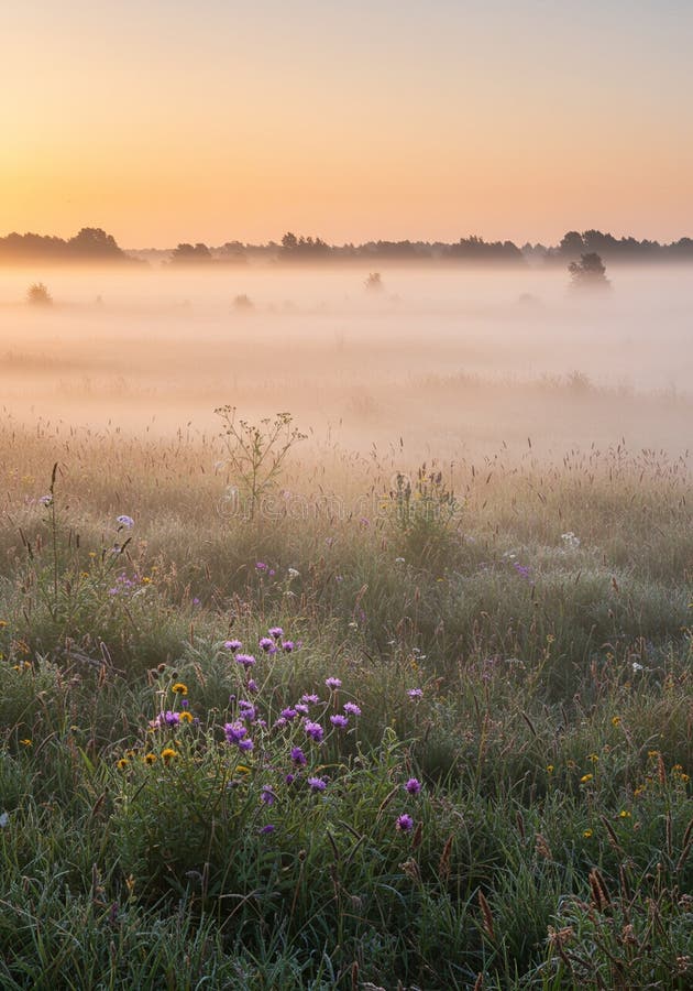 Misty Field Sunrise with Wildflowers Stock Illustration - Illustration ...