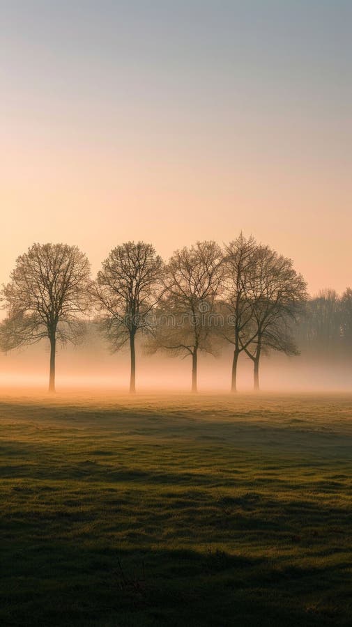 Misty Field with Trees in the Distance Stock Photo - Image of ...