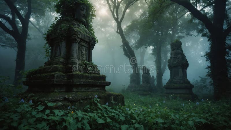 Ancient Stone Statues in a Misty Forest Stock Illustration ...