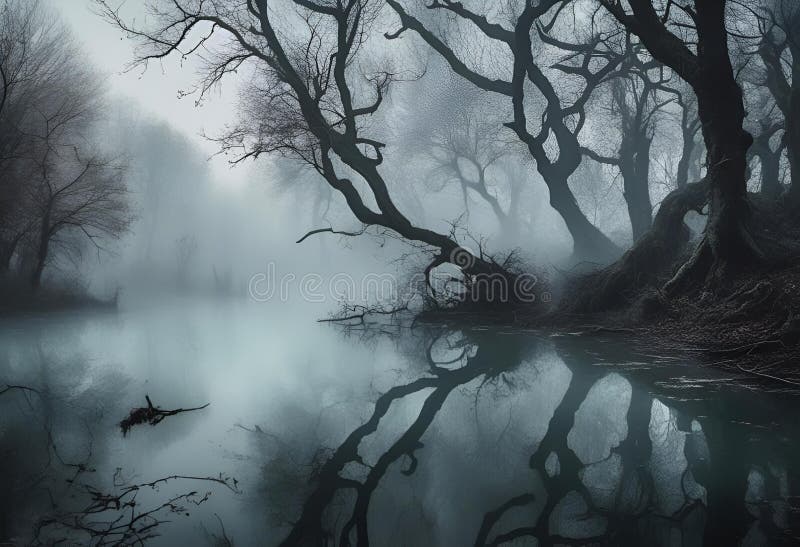 Misty Forest with Bare Twisted Trees Reflecting in a Calm River ...