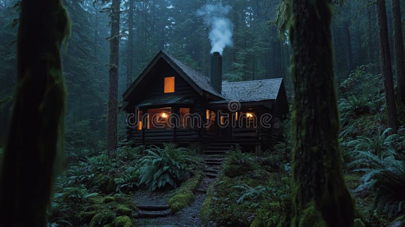 Misty Forest Cabin, Glowing Windows, Smoke, Path, Tranquility Stock ...