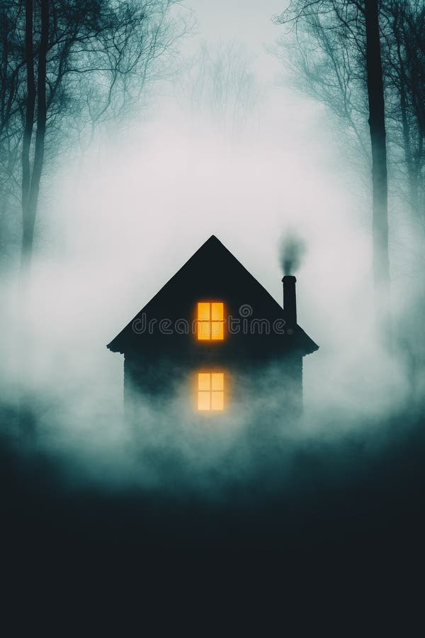 Misty Forest Cabin at Twilight with Warm Glowing Windows Stock Photo ...