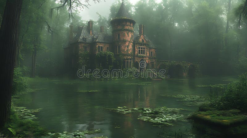 Misty Forest Castle, Water Reflection, Bridge, Game Design Stock ...