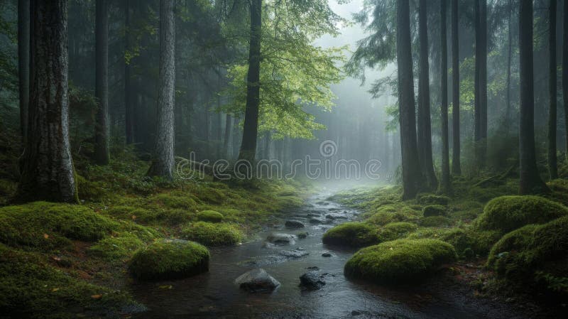 Misty Forest Creek with Mossy Rocks and Tall Trees Stock Illustration ...
