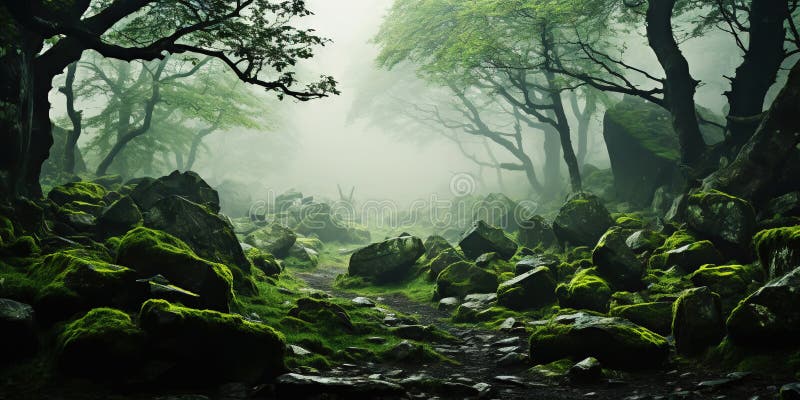 Misty Forest with Dare Trees and Rocks. Minimalistic Scenery Landscape ...