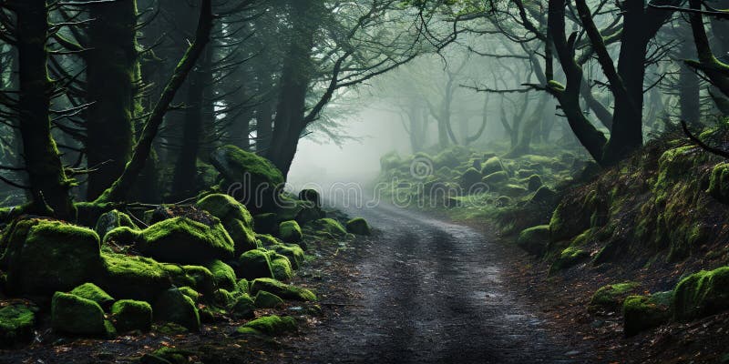 Misty Forest with Dare Trees and Rocks. Minimalistic Scenery Landscape ...