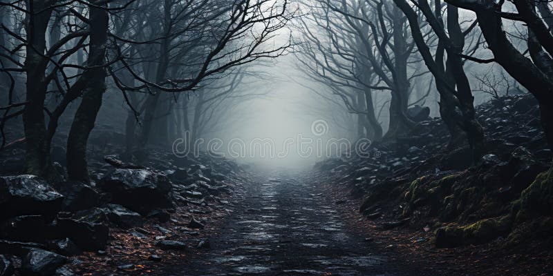 Misty Forest with Dare Trees and Rocks. Minimalistic Scenery Landscape ...