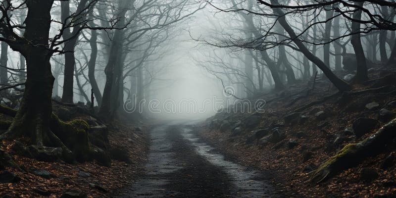 Misty Forest with Dare Trees and Rocks. Minimalistic Scenery Landscape ...