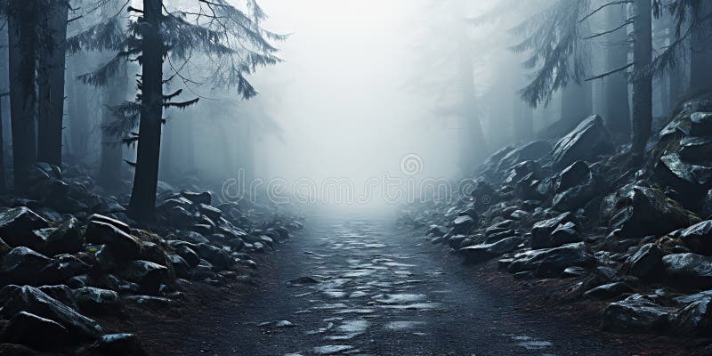 Misty Forest with Dare Trees and Rocks. Minimalistic Scenery Landscape ...