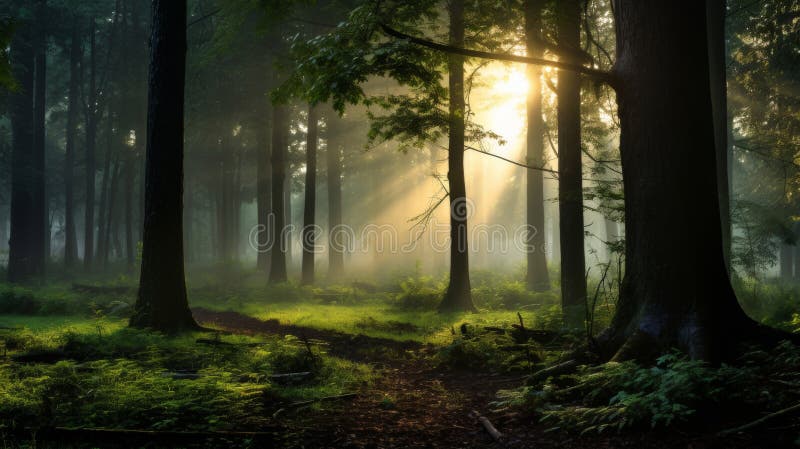 Misty forest at dawn stock illustration. Illustration of natural ...