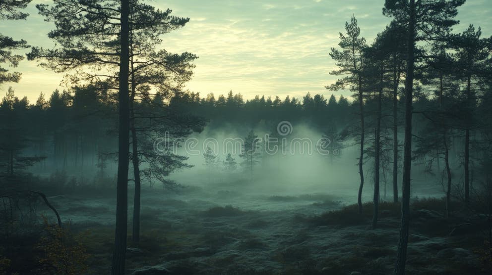 Misty Forest Dawn Enveloping Tall Pine Trees Stock Illustration ...