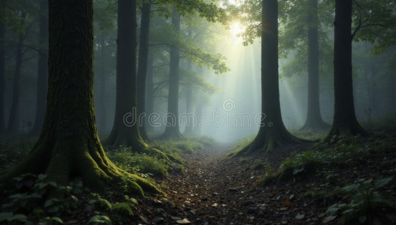 The Misty Forest Floor Hides the Trees Roots, Earthy, Tree Trunks ...