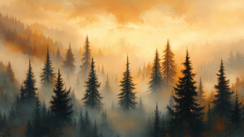Misty Forest at Golden Hour Sunset Stock Illustration - Illustration of ...