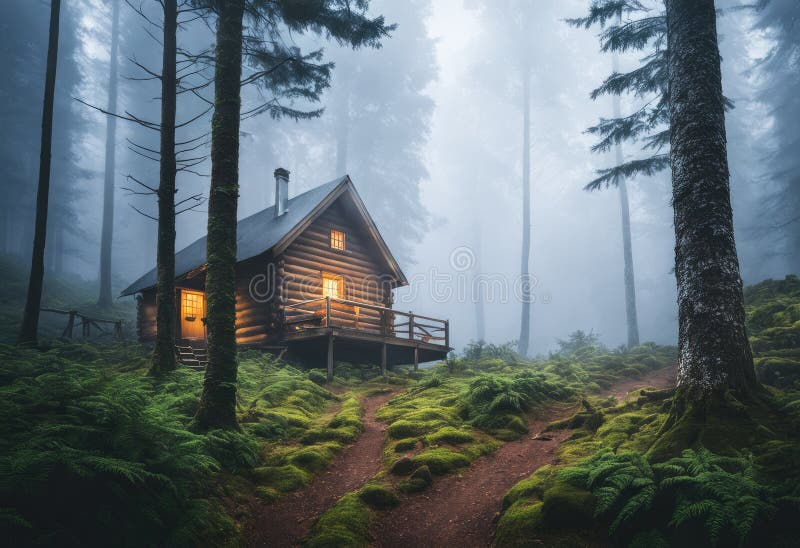 A Misty Forest with a Hidden Cabin Stock Illustration - Illustration of ...