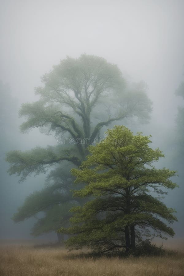 Misty Forest Landscape with Lush Green Trees. Stock Image - Image of ...