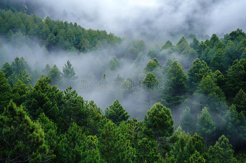 Misty Forest Landscape with Mist Rising from Dense Pine Trees Stock ...