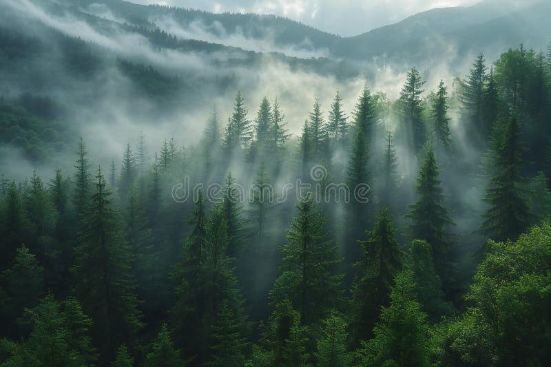 Misty Forest Landscape with Mist Rising from Dense Pine Trees Stock ...