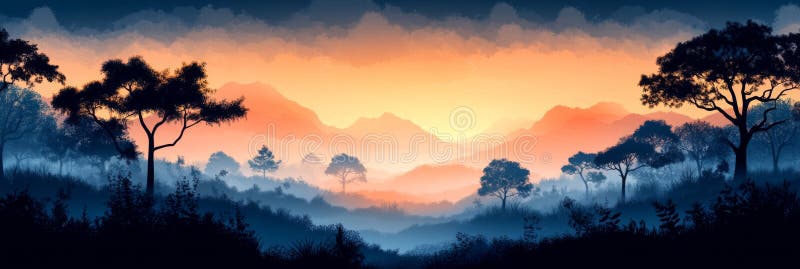 Misty Forest Landscape with Mountain Range in the Distance at Sunset ...