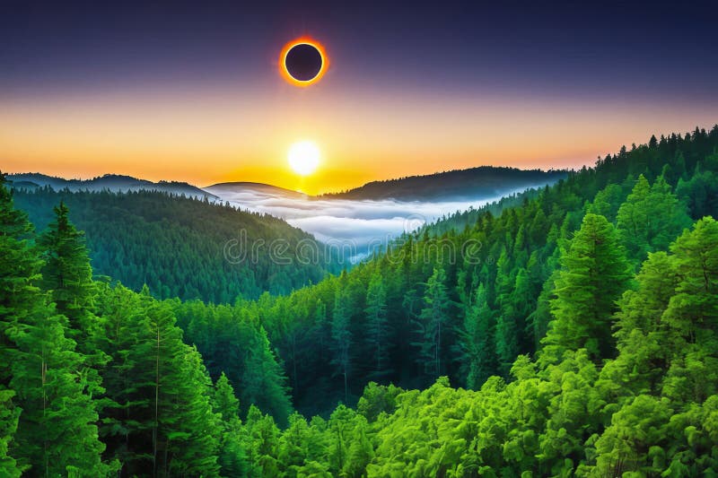 Misty Forest Landscape with a Partial Solar Eclipse at Dusk, Creating a ...