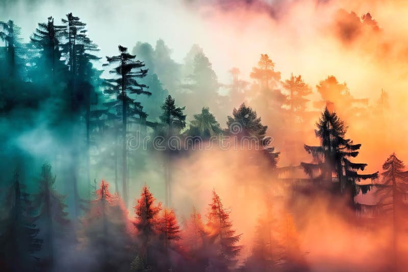 Misty Forest Layers of Trees Fading into Colorful Mist Stock ...