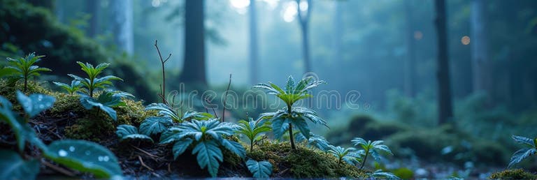 Misty Forest Morning with Lush Greenery and Dew-covered Leaves Stock ...