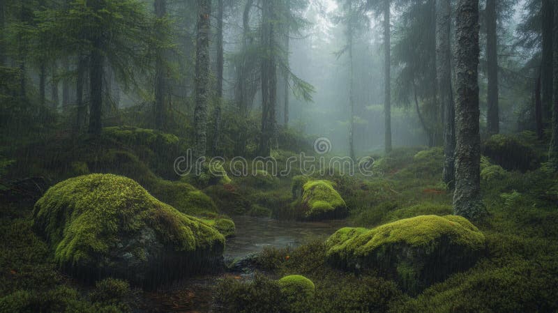 Misty Forest with Mossy Rocks and Stream Stock Illustration ...