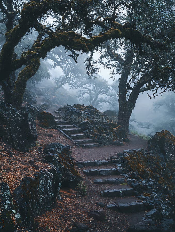 Misty Forest Path through Ancient Moss Covered Trees Stock Illustration ...