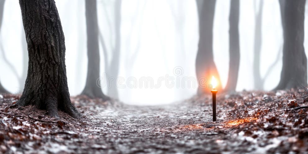 Misty Forest Path with Burning Torch in Winter Landscape Stock Photo ...