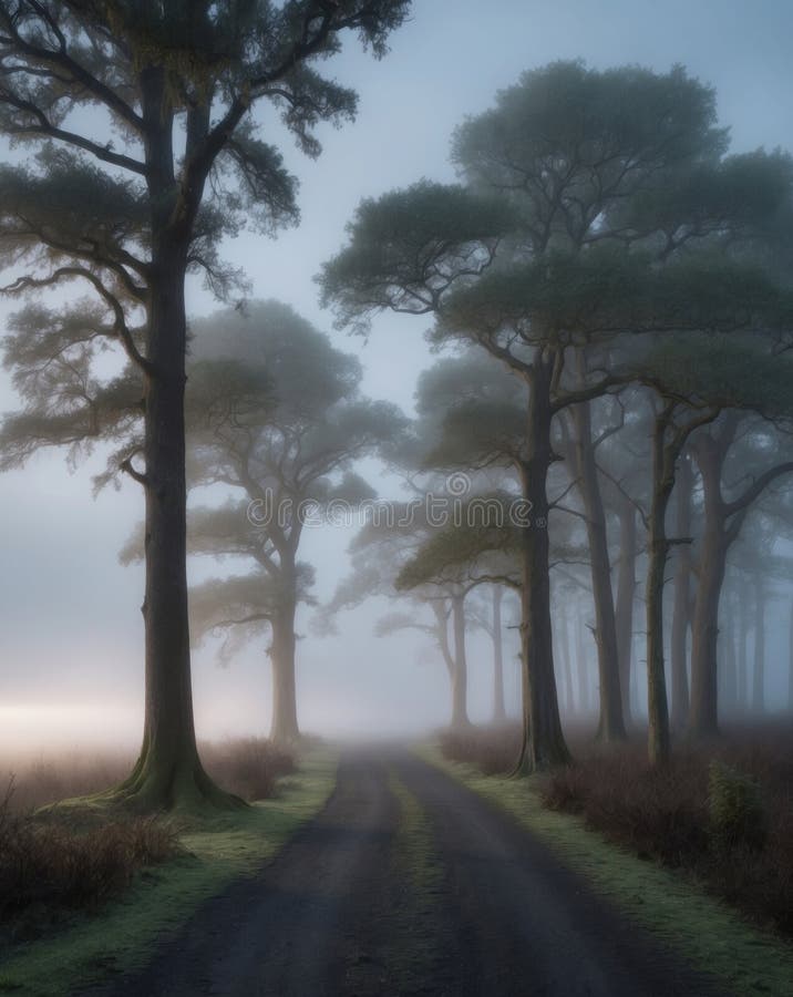 Misty Forest Path in Early Morning Light with Fog and Tall Trees. Stock ...