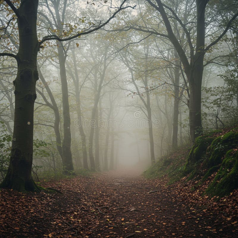 A Misty Forest Path Enclosed by Tall Trees, with Leaves Scattered on ...