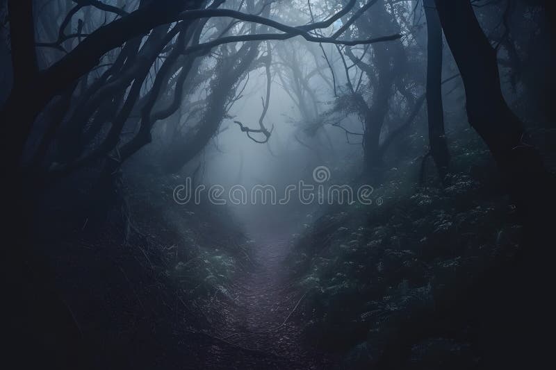 A Misty Forest Path, Illuminated by the Ethereal Glow of Ghostly ...