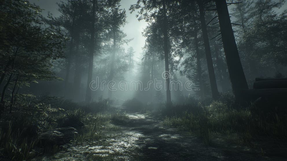 Misty Forest Path Illuminated by Soft Light Creates an Ethereal ...